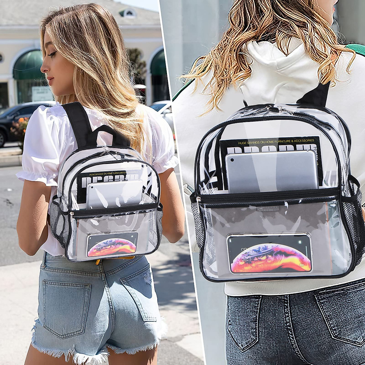 2 Pieces Clear Mini Backpack Stadium Approved 12x12x6 Stadium Backpack with 2 Water Holders Heavy Duty Clear Bookbag See Through Transparent Backpack for Concert Work Sport Games Festival Venues