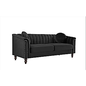 US Pride Furniture 75'' Mid-Century Modern Velvet Sofa Chesterfield Inspired Luxury 3 Seater Couch for Living Room with Removable Cushions and Turned Wood Legs, Black