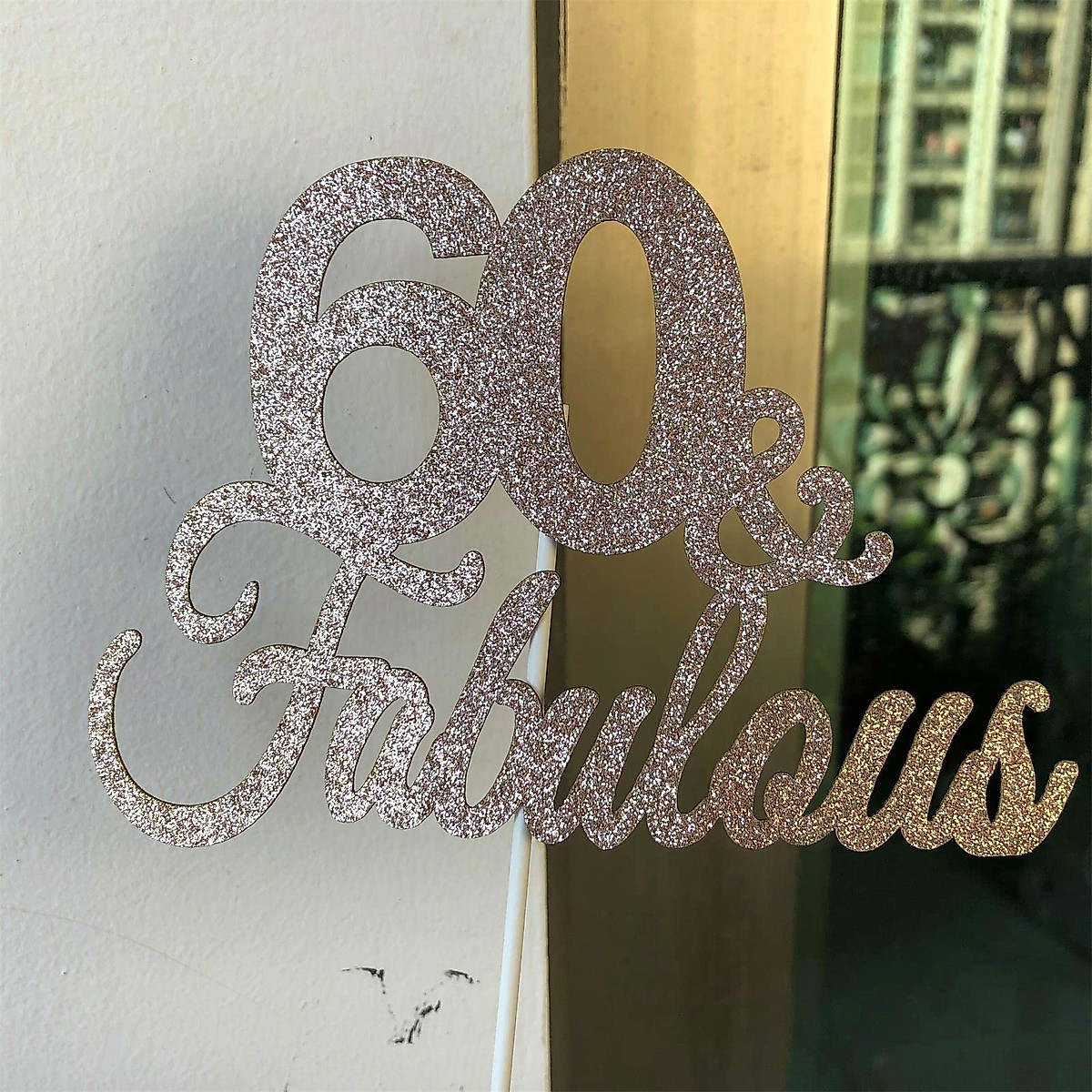 Glitter Double Sided Rose Gold 60 and fabulous Cake Topper, 60th Cake Topper for 60th Fabulous Birthday Wedding Anniversay Party Decoration