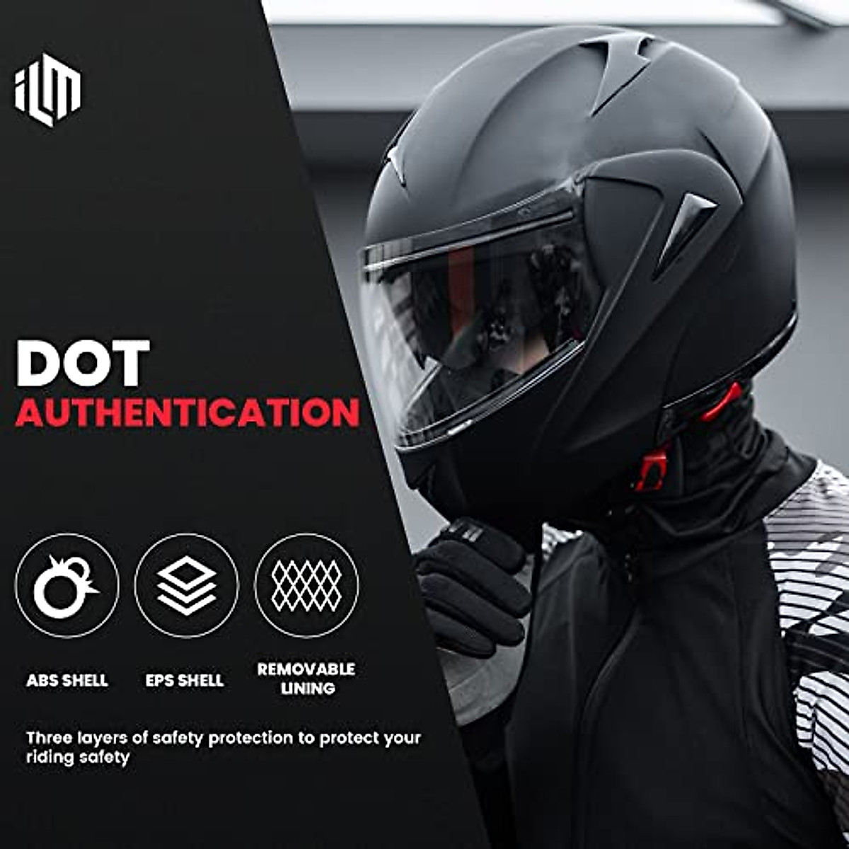 ILM Motorcycle Helmets Modular Dual Visor Flip-up Full Face Street Bike Racing Helmet DOT 5 Colors Model 808 (L, Matte Black)