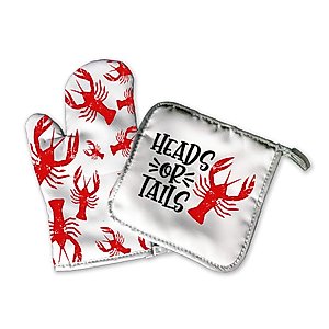 Crawfish Home Decor | Decorative Kitchen Hot Plate Pot Holder Oven Mitt Set | Heads Or Tails | Red White Southern Crawdads Crayfish Bayou Spring Summer Fall | White Home Decor Decorations