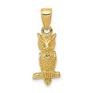 Solid 14k Yellow Gold 3-D Owl Pendant Charm - 20mm x 8mm