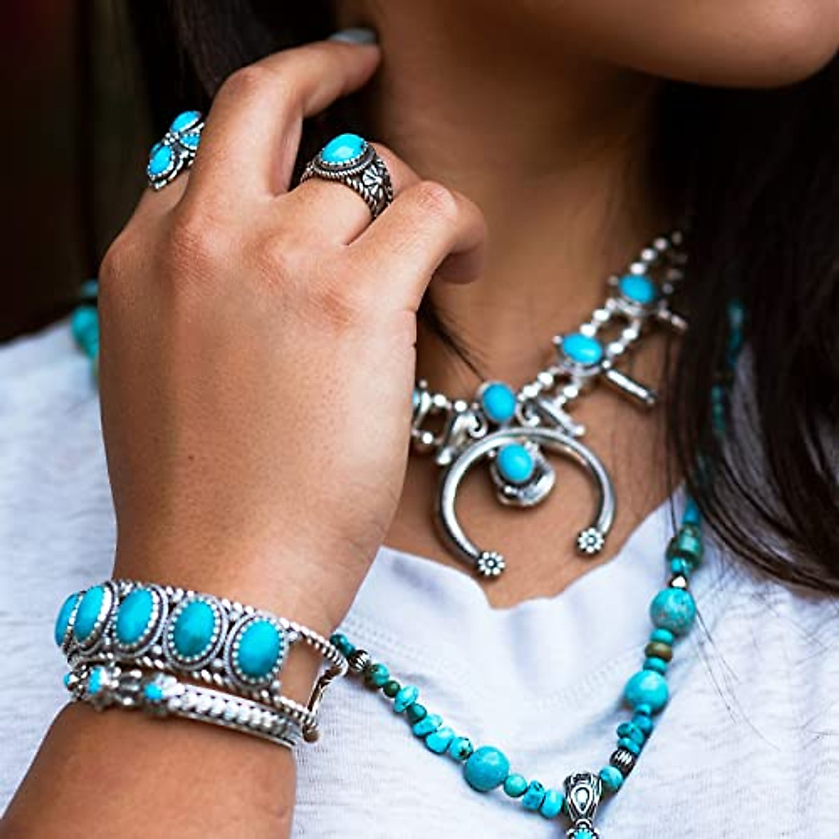 American West Sterling Silver Women's Cuff Bracelet & Men's Cuff Bracelet Blue Turquoise Gemstone 5-Stone Design Size M