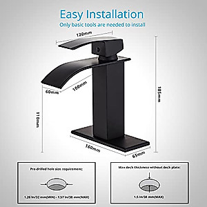 Wovier Matte Black Waterfall Bathroom Sink Faucet with Cover Plate,Single Handle Single Hole Brass Lavatory Vanity Faucet,Basin Mixer Taps with Supply Hose