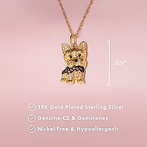 SCAMPER & CO Yorkshire Pendant Necklace for Women - Genuine Gemstone and Cubic Zirconia Puppy Charm with Elegant Backplate, Premium Plated Sterling Silver Chain Easy Closure,18 inch