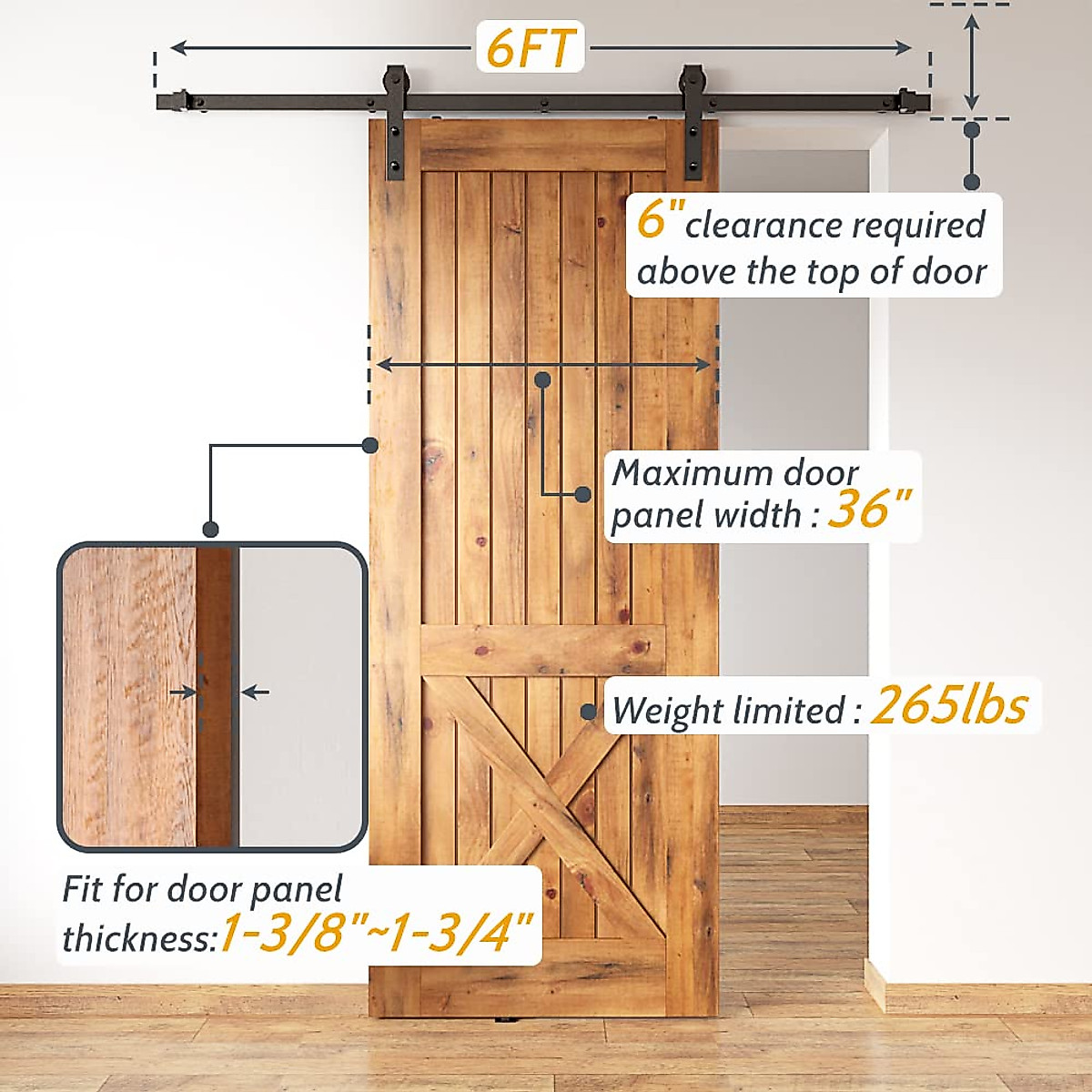 SKYSEN 6FT Sliding barn Door Hardware kit, Barn Door Track, 1/4” Thick Material- Combination Track- Smooth and Quiet- Easy to Install- Black (J Shape-5)