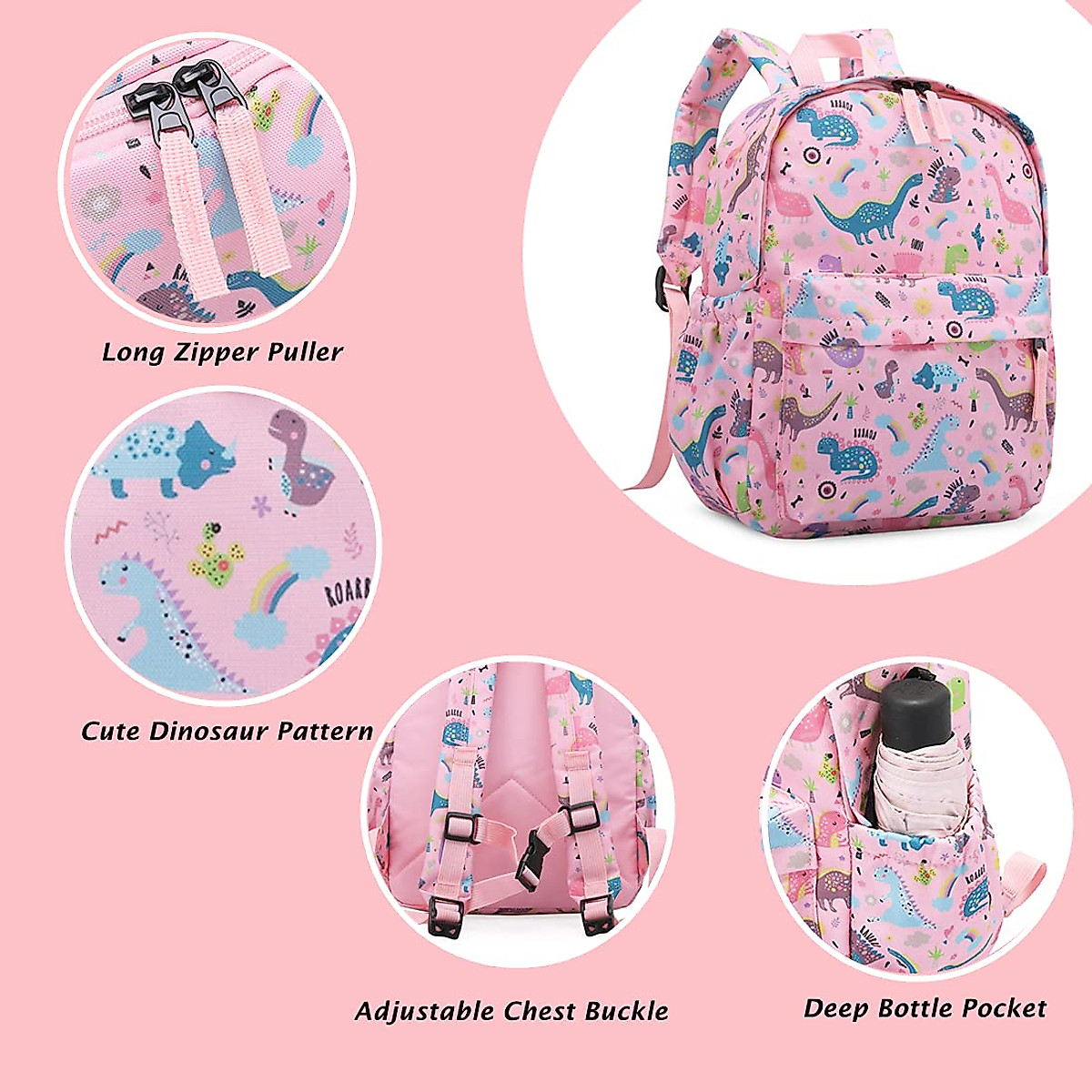 THE Crafts Cute Unicorn Dinosaur Toddler Backpack for Boys Girls,Preschool Kindergarten Nursery Travel School Bag with Chest Buckle (Pink Dinosaur)