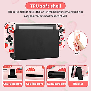 FUNDIARY Cute Strawberry Carrying Case for Nintendo Switch, Travel Bag Accessories Bundle for Switch with Protective Case, Screen Protector, Adjustable Shoulder Strap and 2 Strawberry Thumb Caps