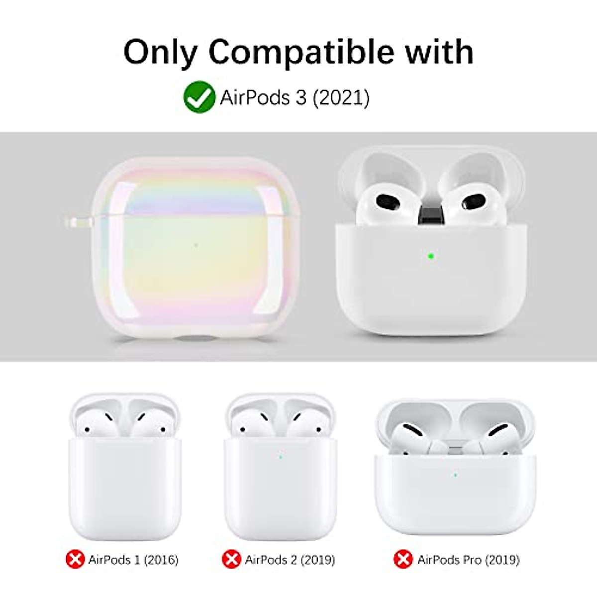 AIRSPO AirPods 3 Case Cover Clear Lasher Hard PC Protective Case Colorful AirPod 3 Cover Skin Compatible with Apple AirPods 3rd Generation with Keychain (Glittery White)