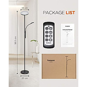 tomons Dimmable Floor Lamp, Bright Tall Mother-Daughter Light Torchiere Sky LED Torchiere with Remote Controller, Stepless Dimming, 3 Color Temperatures, Modern Industrial Living Room, Bedroom - Black