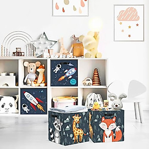 Clastyle 3 Pcs Animal Lion Kid Storage Cube Organizer Set Giraffe Fox Closet Clothes Cube Storage Bin Blue Nursery Toddler Toy Box Chest Raccoon Book Shelf Basket