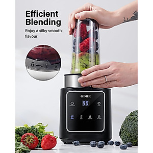 GDOR 1200W Touchscreen Blender for Shakes and Smoothies, Personal Blender with 4 Auto Programs, (2) 25oz TO-Go Cups & Spout Lids, Smoothie Blender for Ice Crush, Frozen Drinks, Black