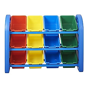 ECR4Kids 3-Tier Toy Storage Organizer with Bins, Blue with 12 Assorted-Color Bins, GREENGUARD Gold Certified Toy Organizer and Storage for Kids’ Toys, Kids’ Toy Storage (ELR-0216)