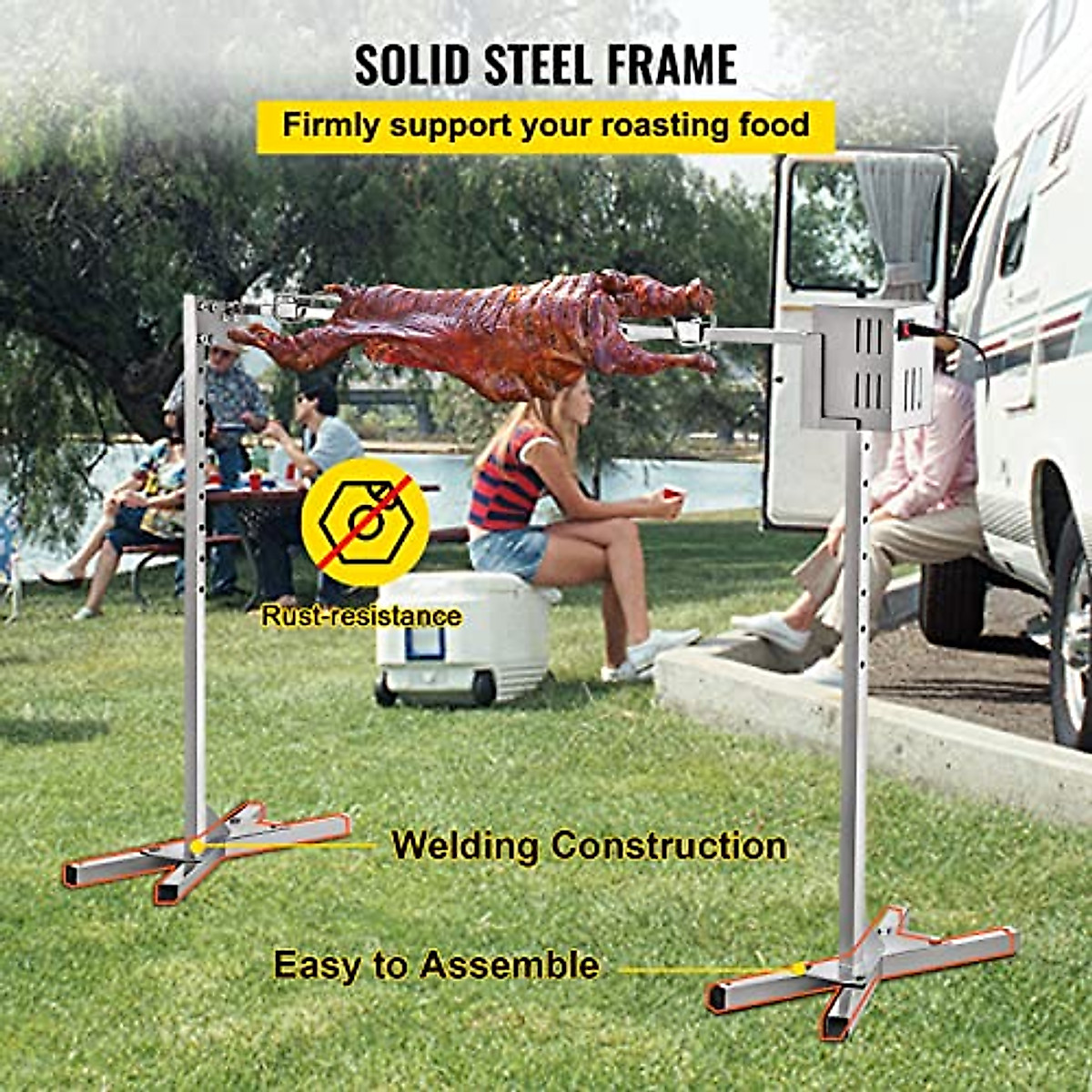 VBENLEM 46'' Electric BBQ Rotisserie Grill Kit，Max Capacity 90 LB ,Automatic 32W Motor and Height Adjustable Stainless Steel Roaster Stand for Pig Rotisserie Hog Lamb Outdoor Party Campfire Barbecue