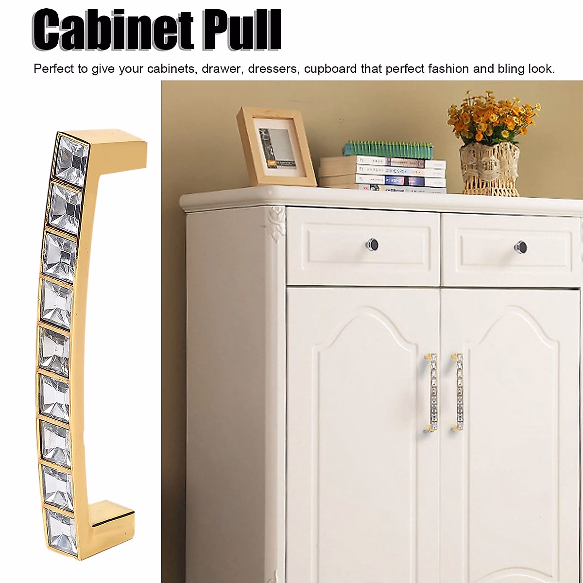 Gold Crystal Handles, Clear Crystal Cabinet Pull Bling Door Knobs Double Hole Cupboard Handles for Wardrobe, Kitchen, Bedroom