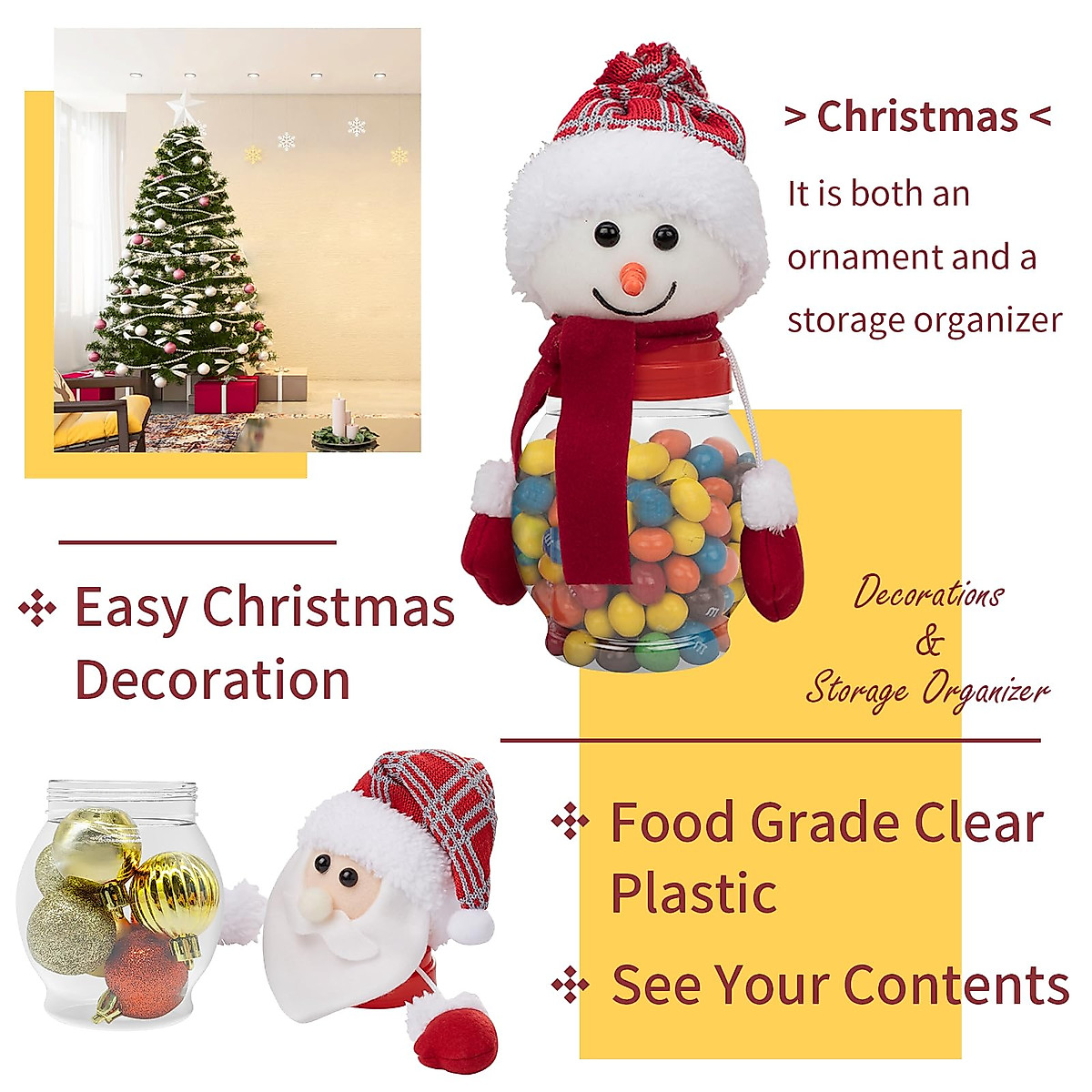 ZCONIEY 2 in 1 Christmas Candy Jars, Home Holiday Decor, Clear Plastic Cookie Jar with Snowman Doll, Sweet Gift Box Bottle Holder