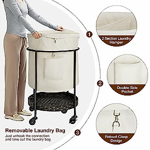 Greenstell Laundry Hamper with Lid, 198L Large 2 sections Rolling Laundry Basket with wheels, Round Laundry Cart with Rattan Tray and Removable Bag, Metal Frame, White