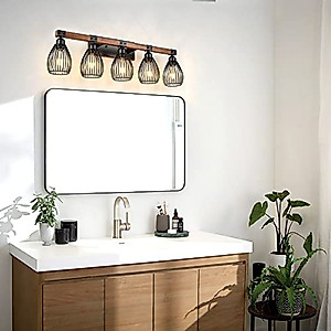 MZMHD 5-Light Farmhouse Bathroom Light Fixtures,Rustic Wood Cage Vanity Lights,Industrial Black Wall Sconce Lighting Over Mirror,Hallway,Bedroom