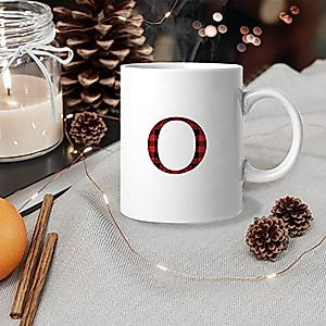 Yelolyio English Alphabet Letter Coffee Mugs, Christmas Black Red Buffalo Plaid Monogram Letter O Mug, Any Letter Floral Alphabet Coffee Cup For Her Birthday Christmas Mothers Day Coffee Mug 11oz