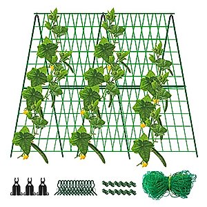 DECOHS A-Frame Metal Garden Trellis Set for Raised Bed-47x 47 Inch Detachable Cucumber Climbing Trellis with Net and Clips-Garden Climbing Trellis for Outdoor Plant Cucumber Flowers Vegetables