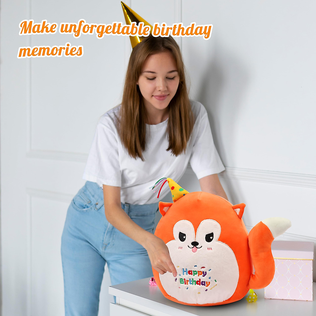 Easfan 12’’ Birthday Fox Plush Pillow Soft Fox Plush Toy Cute Fox Stuffed Animal Home Room Decoration Birthday Gifts for Kids Adults, Orange