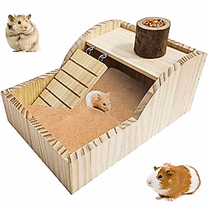 kathson Hamster Sand Bath Box Wooden Small Animals Shower Room Chinchilla Digging Sand Bathtub Container with Climbing Ladder Bowl for Dwarf Syrian Mice Mouse Gerbils Hedgehog