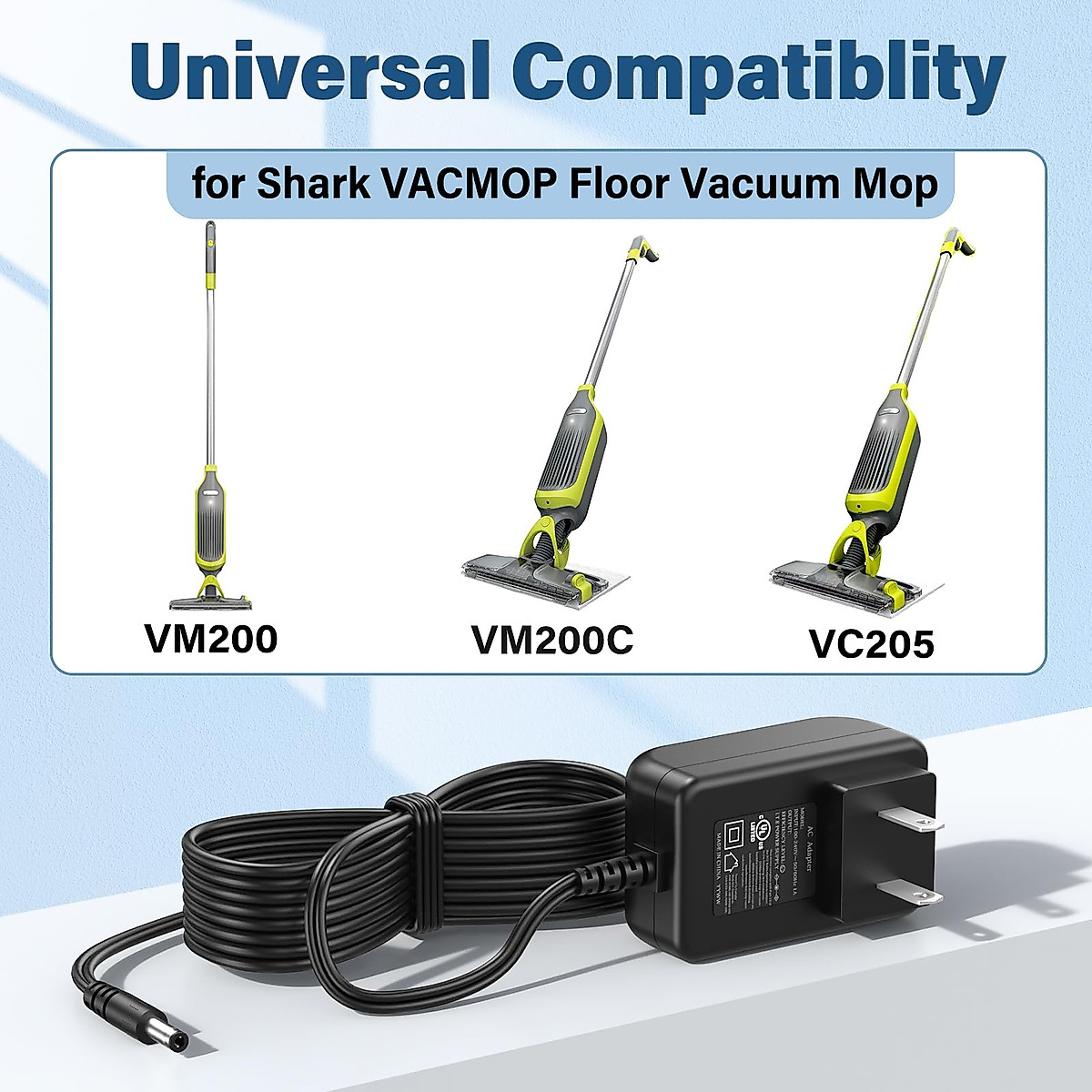 UL Power Cord Fit for Shark VACMOP VM200 VM200C VM20026 UM200 UM205 VC205 Cordless Hard Floor Vacuum Mop Charger Power Adapter Replacement
