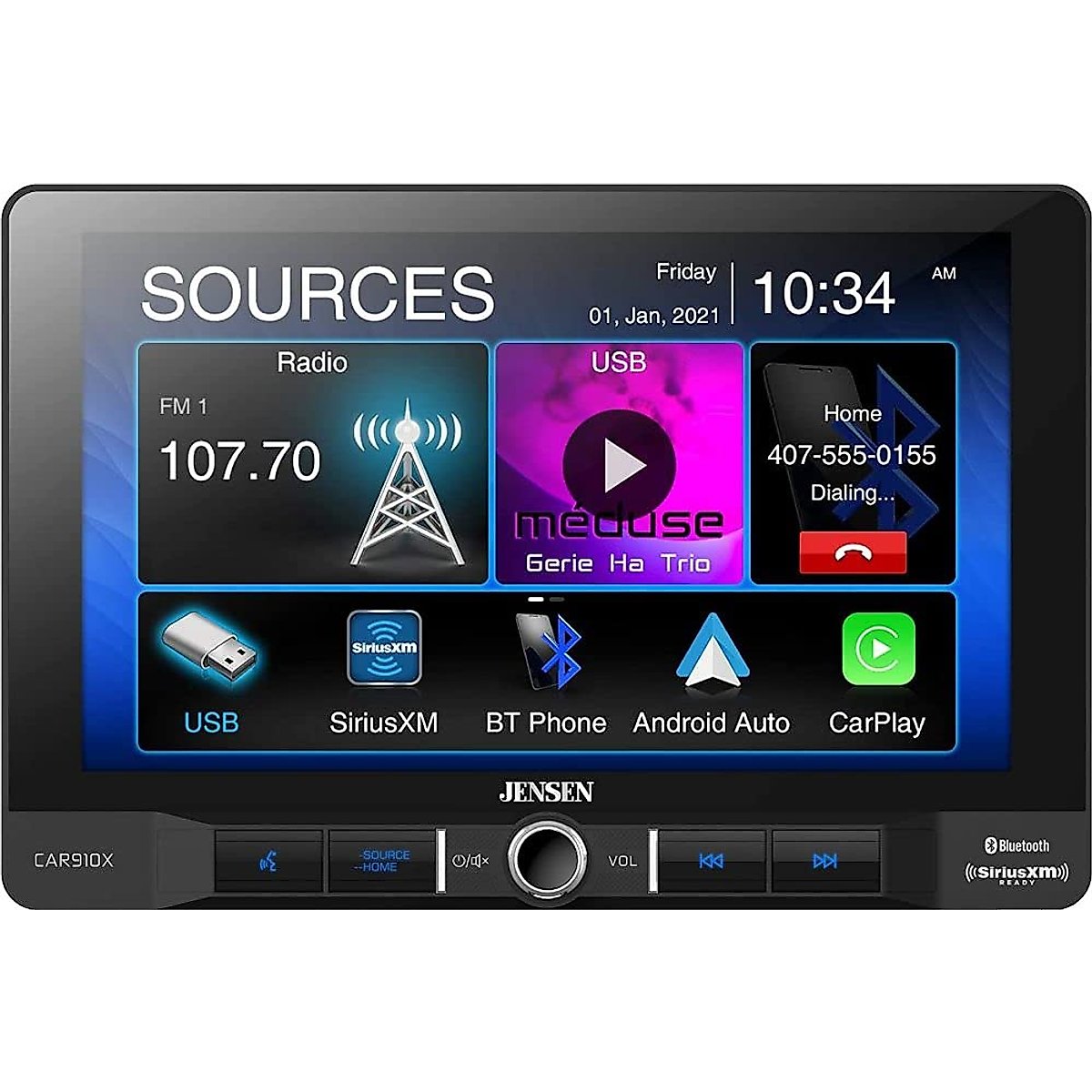 Jensen CAR910X Multimedia 9" Receiver with Apple CarPlay and Android Auto, 1024x600 Resolution, 500 cd/m2 Brightness, 500:1 Contrast Ratio, Back-up Camera Input, Front and Rear USB Inputs