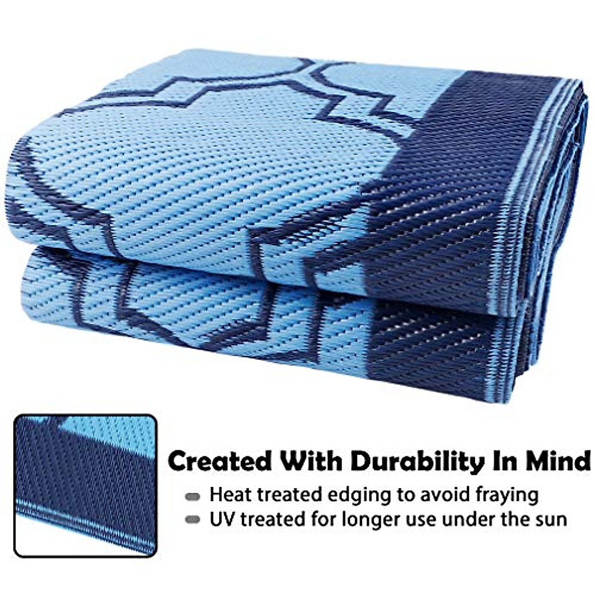 SAND MINE Reversible Mats, Plastic Straw Rug, Modern Area Rug, Large Floor Mat and Rug for Outdoors, RV, Patio, Backyard, Deck, Picnic, Beach, Trailer, Camping (5' x 8', Blue Quatrefoil)