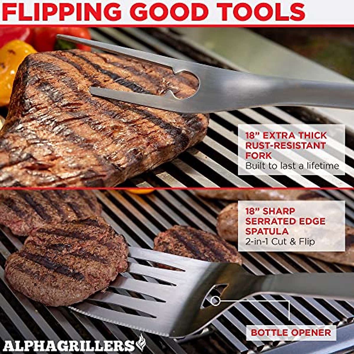 Alpha Grillers Grill Set Heavy Duty BBQ Accessories - BBQ Tool Set 4pc Grill Accessories with Spatula, Fork, Brush & BBQ Tongs - Gifts for Dad Durable, Stainless Steel Grill Tools
