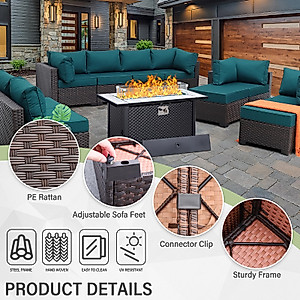 WAROOM Outdoor Patio Furniture Set 11 Piece Dark Brown Rattan Sectional Sofa PE Wicker Conversation Chairs with 45" Propane Fire Pit Table and Non-Slip 5" Thick Peacock Blue Cushion