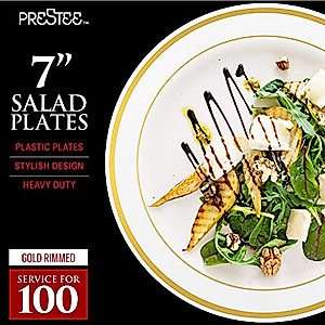 Prestee 200pc Gold Plastic Plates - 100 Dinner Plates & 100 Salad Plates, White + Gold-Rimmed Plastic Plates, Gold Plates Disposable Plastic Party Plates - Dessert, Appetizer, Holiday, Wedding Plates