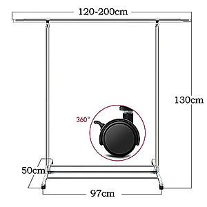ZBYL Metal Clothes Rack Garment Wardrobe Rack, Mobile Free Standing Clothing Rolling Rack with Wheels, Portable Laundry Hanging Organizer Rack with Bottom, Retractable 120-200cm