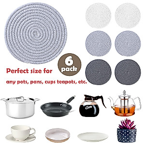 6 Pack Trivets for Hot Dishes 7 Inches Hot Pads for Kitchen Trivets for Hot Pots and Pans Farmhouse Coasters Cotton Rope Placemats Kitchen Decor for Counter Woven Potholders (Black, Grey, White, 6)