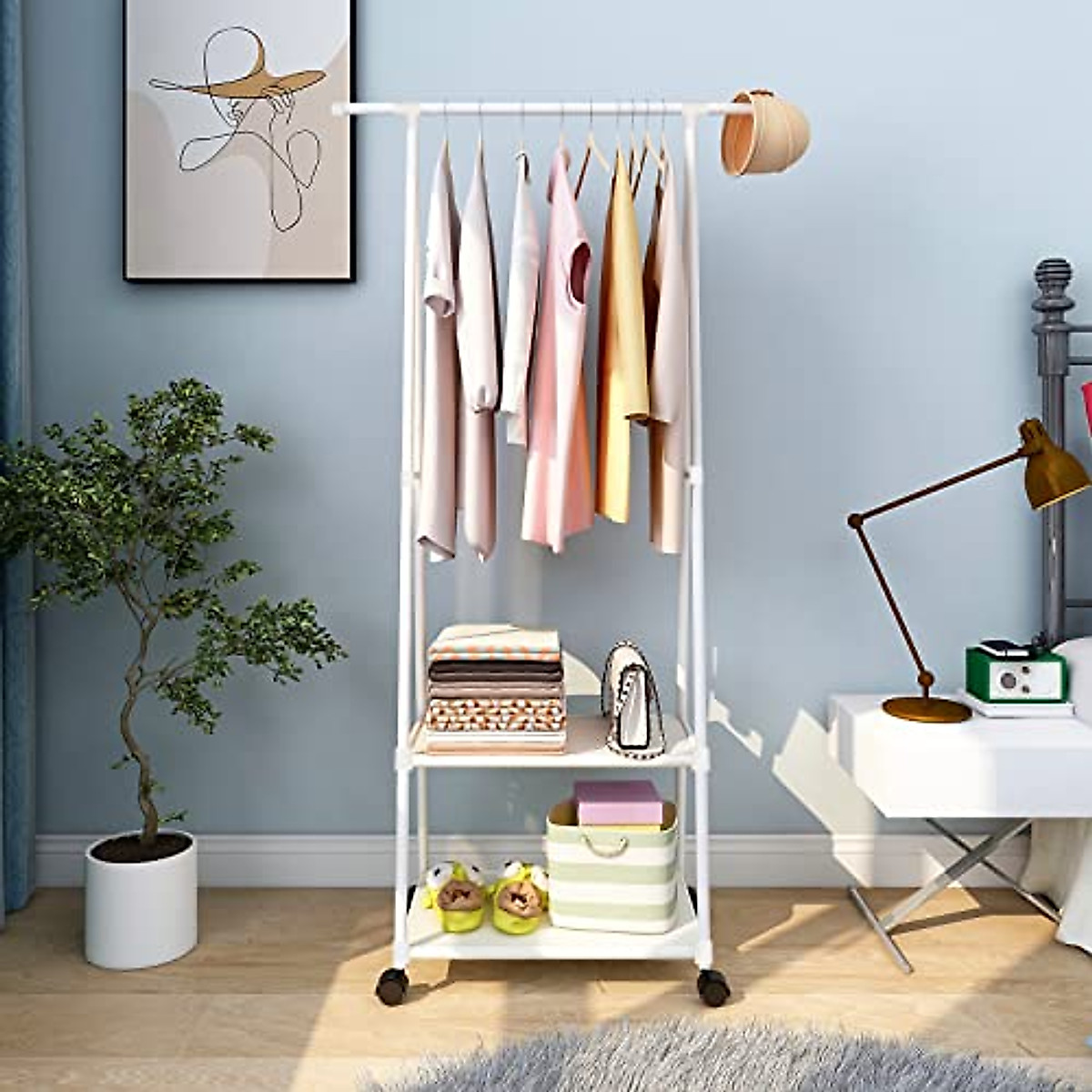 Jecpuo Clothes Rack Small Metal Garment Rack with Shelves for bedroom Rolling clothing rack for Hanging Clothes on Wheels for Hanging Clothes,clothes rack (White)