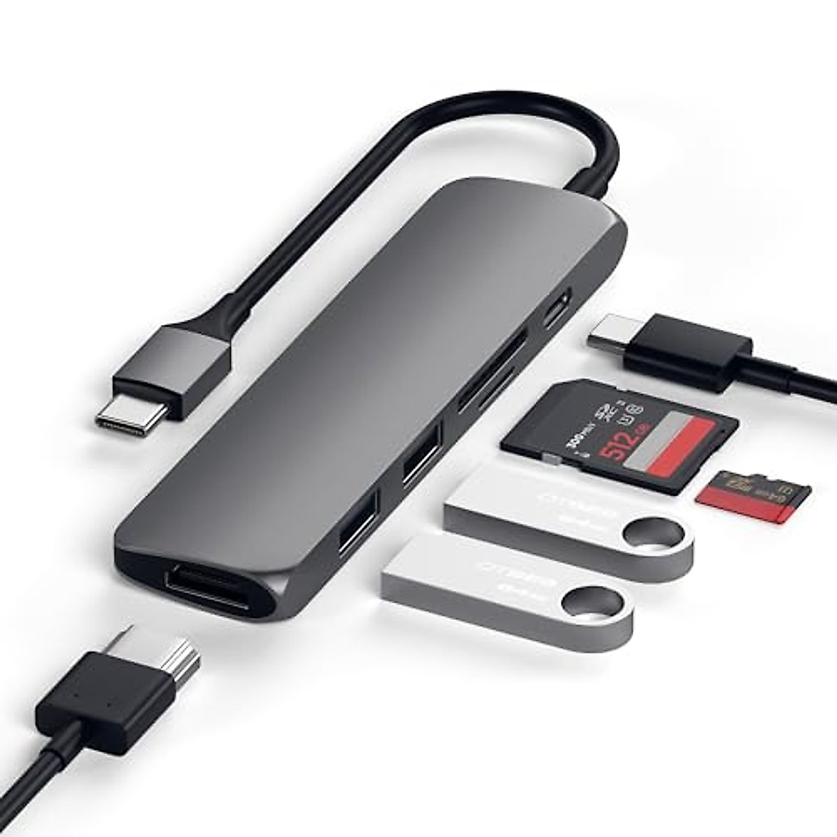 Satechi USB C Hub Multiport Adapter Slim V2, USB C Docking Station with 4K HDMI, 60W USB C PD Charging, 2 USB-A, Micro/SD Card Readers, for MacBook Pro/Air M1 M2 M3, Windows - Space Gray