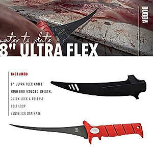 BUBBA 8 Inch Ultra Flex Tapered with Non-Slip Handle, Full Tang Stainless Steel Non-Stick Blade, Lanyard Hole and Synthetic Sheath for Fishing, Boating and Hunting