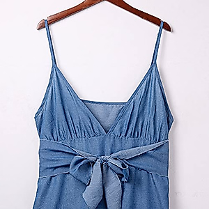 WYTong Women's V Neck Denim Dresses Summer Casual Jumpsuits Solid Color With Sexy Bag Hip Bench Party Dress(Blue,Small)