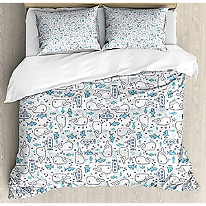 Ambesonne Whales Duvet Cover Sets, Continuous Marine Themed Pattern with Sharks Little Fish and Submarines, Bedding Set with 2 Duvet Covers 4 Pillowcases, 2 Pack Cal King Size, Indigo White Sea Blue