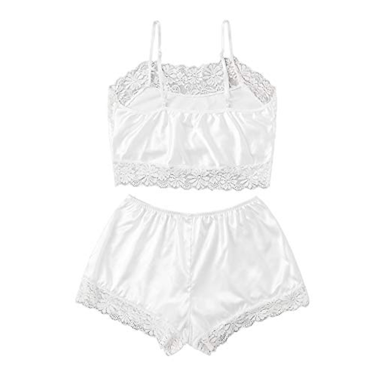 SweatyRocks Women's Satin Lace Sleepwear Spaghetti Strap Top and Shorts Pajama Set White M