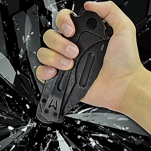 AUBEY Folding Pocket Knife with Tanto Tumbled Black 440C Steel Blade, Liner Lock, G10 Steel Handle, Clip, Glass Breaker, EDC Tool Knife for Men Hunting, Magic Axe