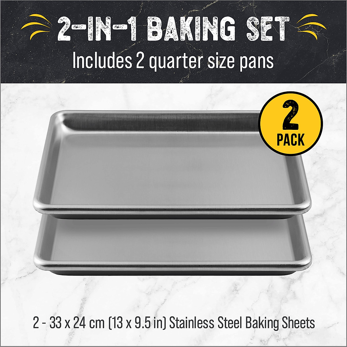 Checkered Chef Baking Sheet Set - 13" x 9.5" Stainless Steel Quarter Pans for Baking and Cooking (2 Pack)