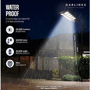 Garlinks 500W Solar Street Lights Outdoor 30000 Lumens - Motion Sensor Solar Parking Lot Lights - IP65 Waterproof LED Solar Street Light – 6500K Bright Wide-Angle, Garden, Park, Stadium Lights