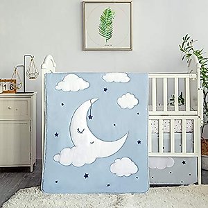 La Premura Sleeping Moon Baby Nursery Crib Bedding Set, 3 Piece Standard Size Crib Bedding Set, Blue and Grey