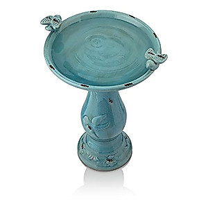 Alpine Corporation TLR102TUR Alpine Pedestal Bath with 2 Figurines-Turquoise Antique Ceramic Birdbath with Birds, 24 Inch Tall, 19" L x 16" W x 25" H