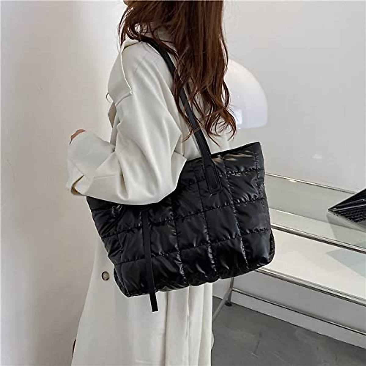 JQWYGB Puffer Tote Bag for Women - Large Puffy Tote Bag Purse Soft Padded Cotton Quilted Crossbody Bags Handbags for Travel Shoping (C Black)