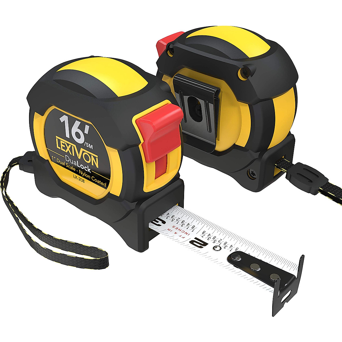 LEXIVON [2-Pack] 16Ft/5m DuaLock Tape Measure | 1-Inch Wide Blade with Nylon Coating, Matt Finish White & Yellow Dual Sided Rule Print | Ft/Inch/Fractions/Metric (LX-208)