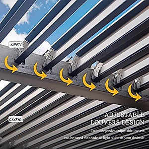 Domi Outdoor Living 12’ x 16’ Louvered Pergola with Adjustable Steel Roof, Outdoor Aluminum Frame Rainproof Pergola for Backyard, Garden and Lawn w/Netting (Dark Brown)