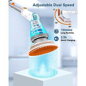 Genew Electric Spin Scrubber: Cordless Cleaning Brush with 6 Replaceable Head & Adjustable Extension Handle Power Shower Scrubber for Bathroom Floor Tile Tub - Add Adjustable Grip (White)