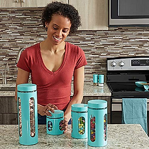 Kitchen Canisters For Countertop By Home Basics | Retro-Styled Canisters For Kitchen Counter | Stainless Steel and Glass Kitchen Canister Set, With See-Through Windows (Turquoise), 4 Pieces